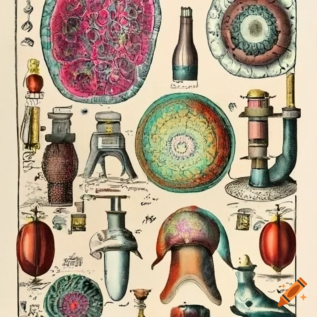 Vibrant 19th century gravure illustration of microscopes on Craiyon