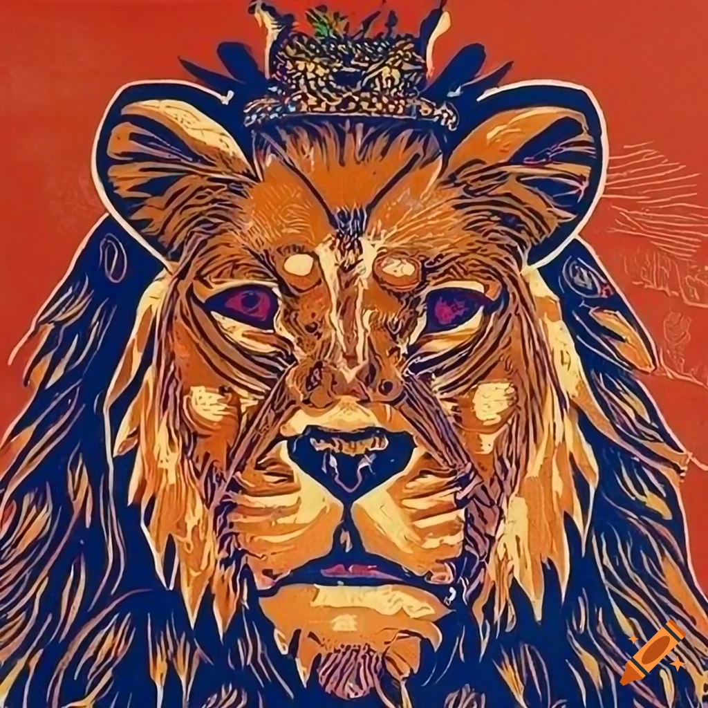 Linocut artwork of marbas the lion demon on Craiyon