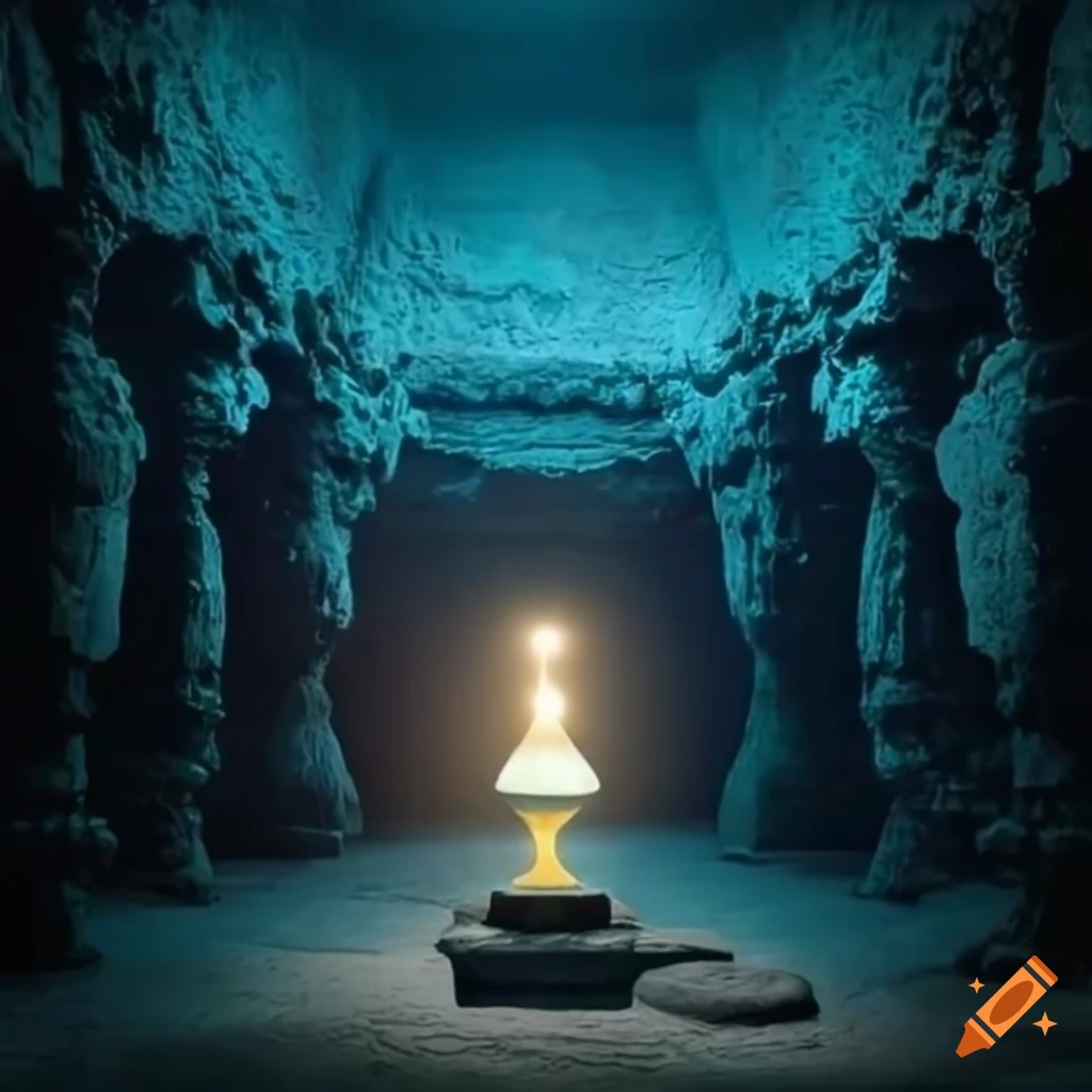 Dark cave in an ancient temple with hourglass on Craiyon