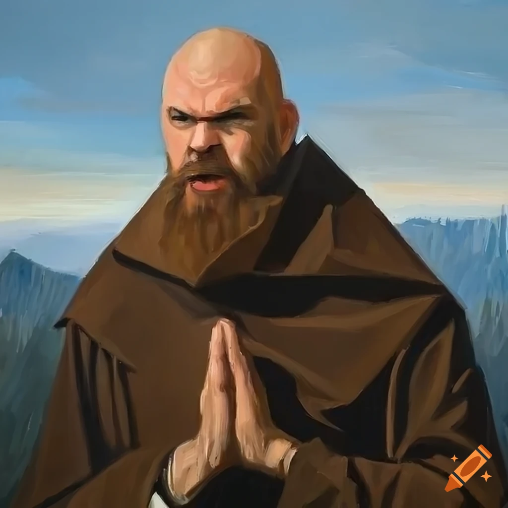 Oil painting of an angry monk on a mountain on Craiyon