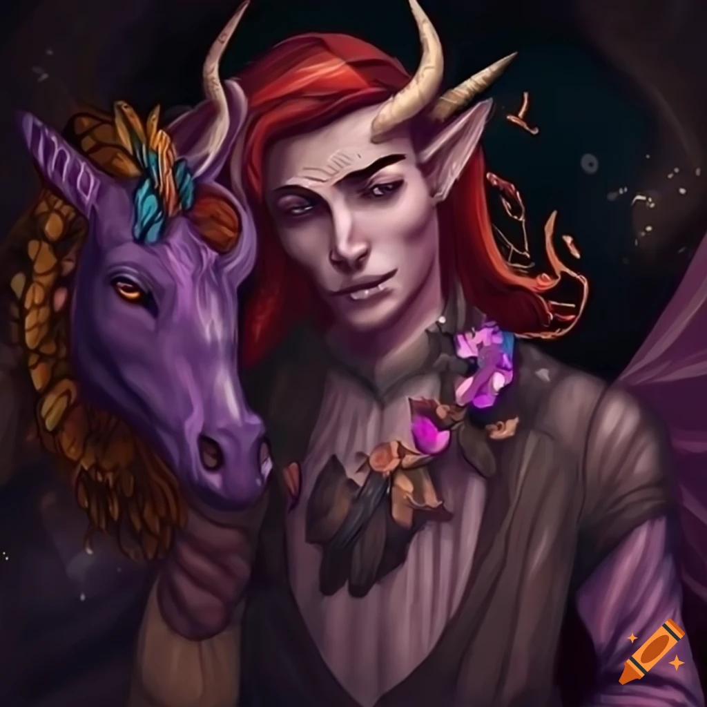 Illustration of a male tiefling wizard riding a unicorn on Craiyon