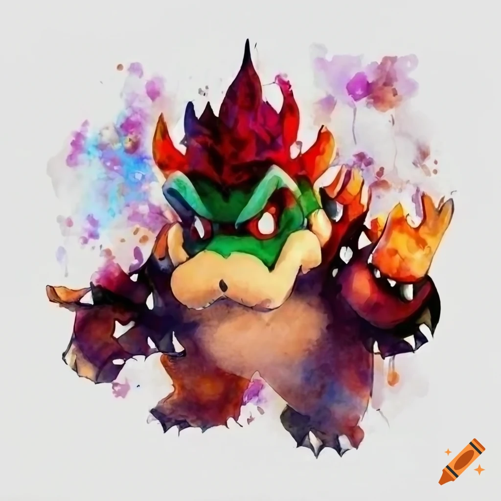 Watercolor artwork of Bowser throwing fireballs on Craiyon