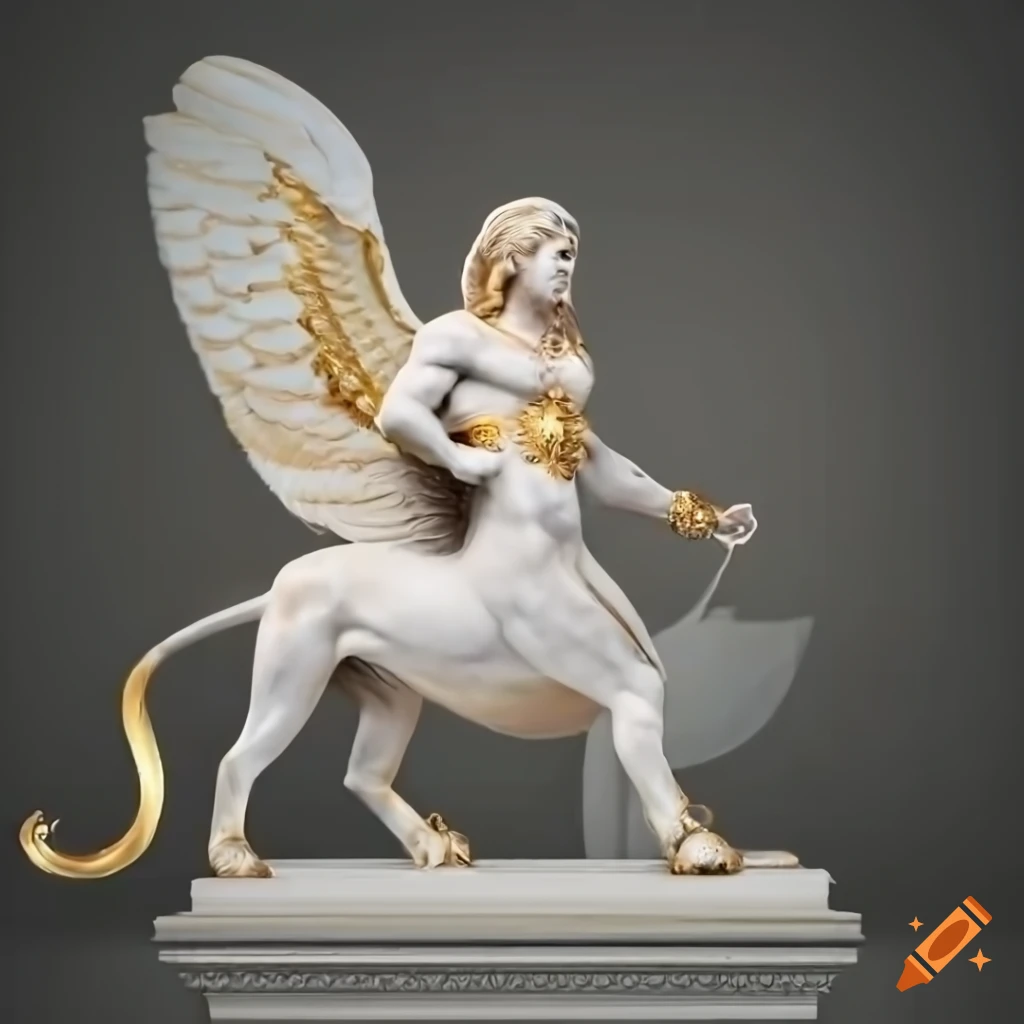 Intricately detailed white winged lion centaur in a mansion on Craiyon