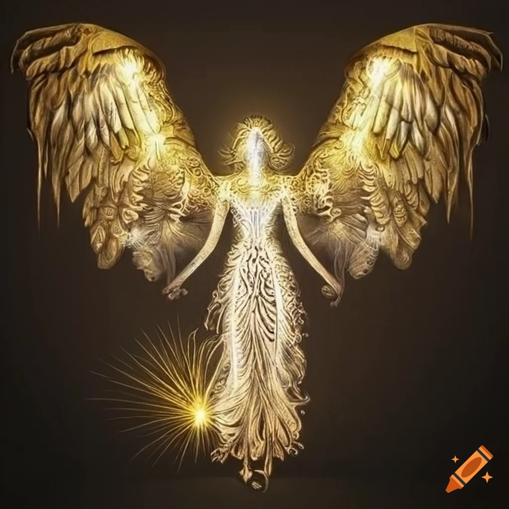 Etching of a majestic angel with golden wings on Craiyon