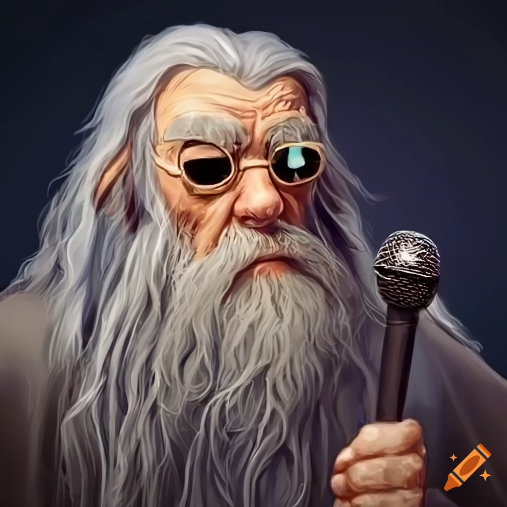 Gandalf with sunglasses holding a microphone on Craiyon