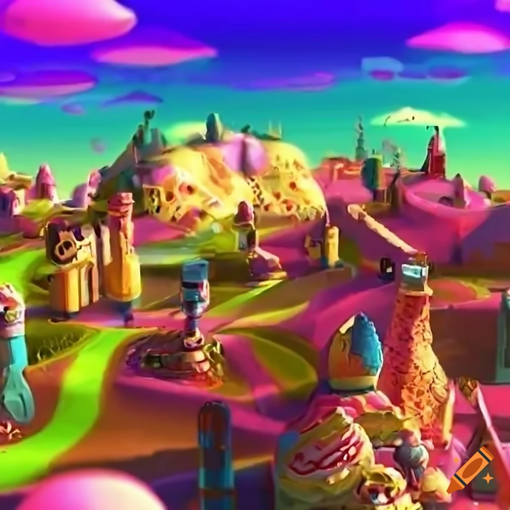 Vibrant 3D candyland landscape with ice cream slopes on Craiyon