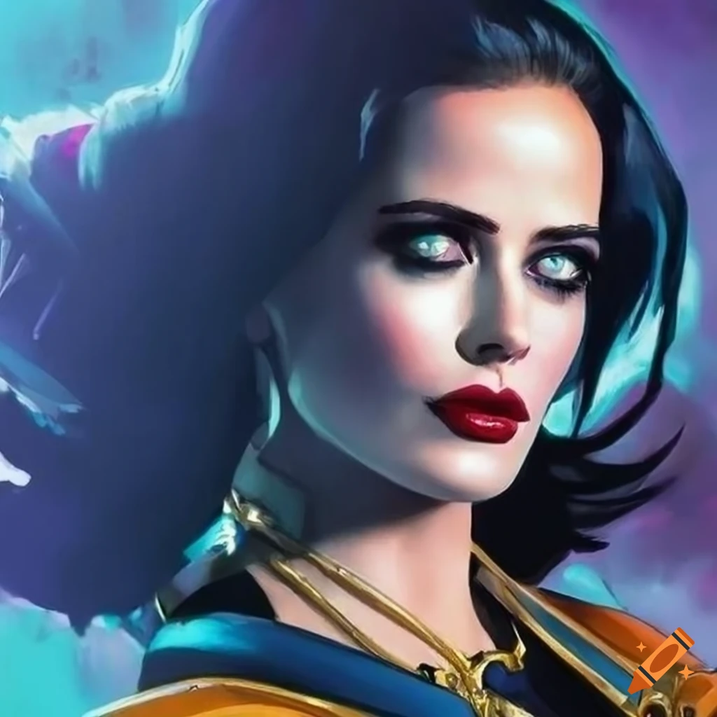 Evil lyn portrayed by eva green in simon bisley art style on Craiyon