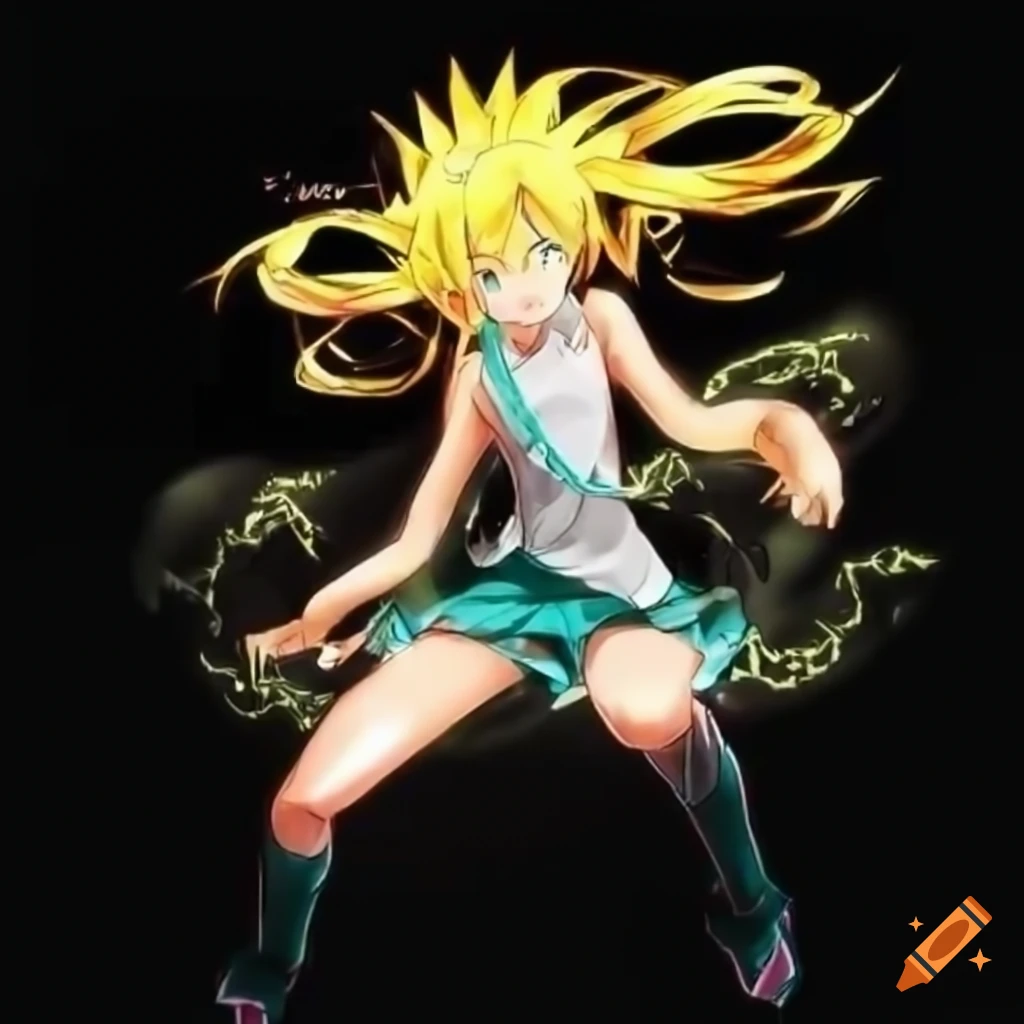 Hatsune Miku in Super Sayan mode with intense yellow aura on Craiyon