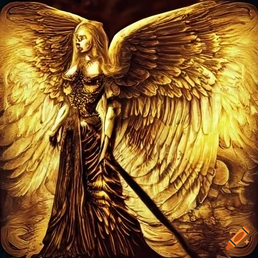 Etching of a majestic angel warrior with golden wings on Craiyon