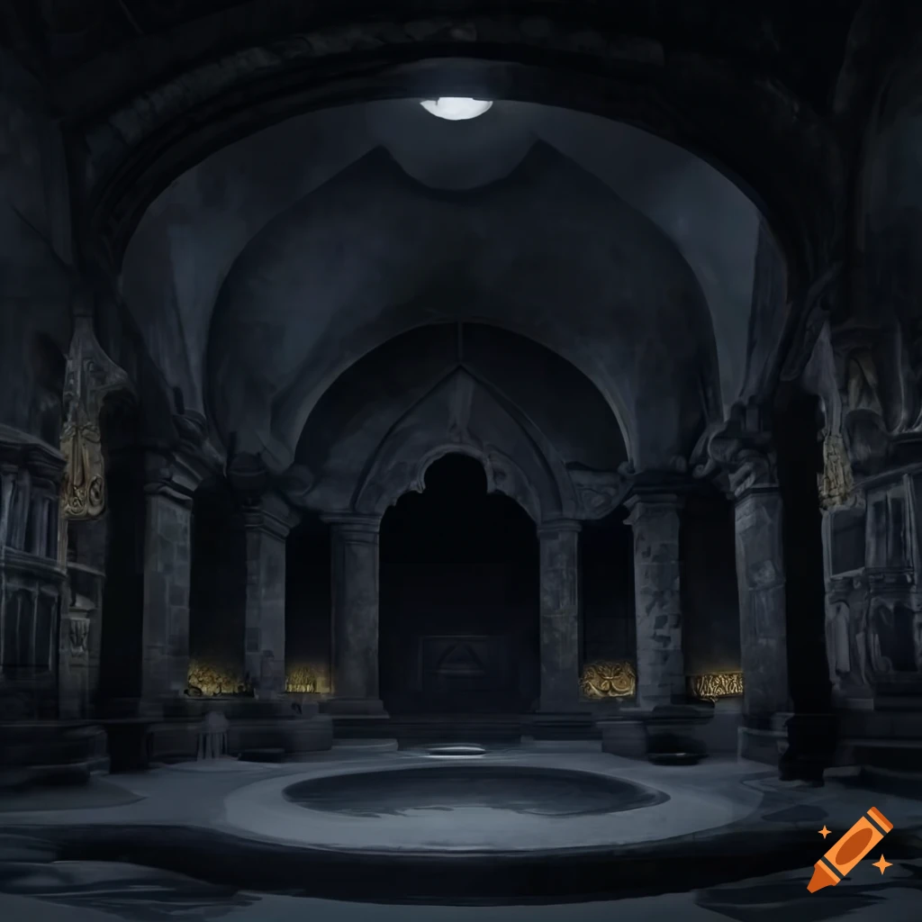 Image of a dark ancient temple room with five entrances on Craiyon