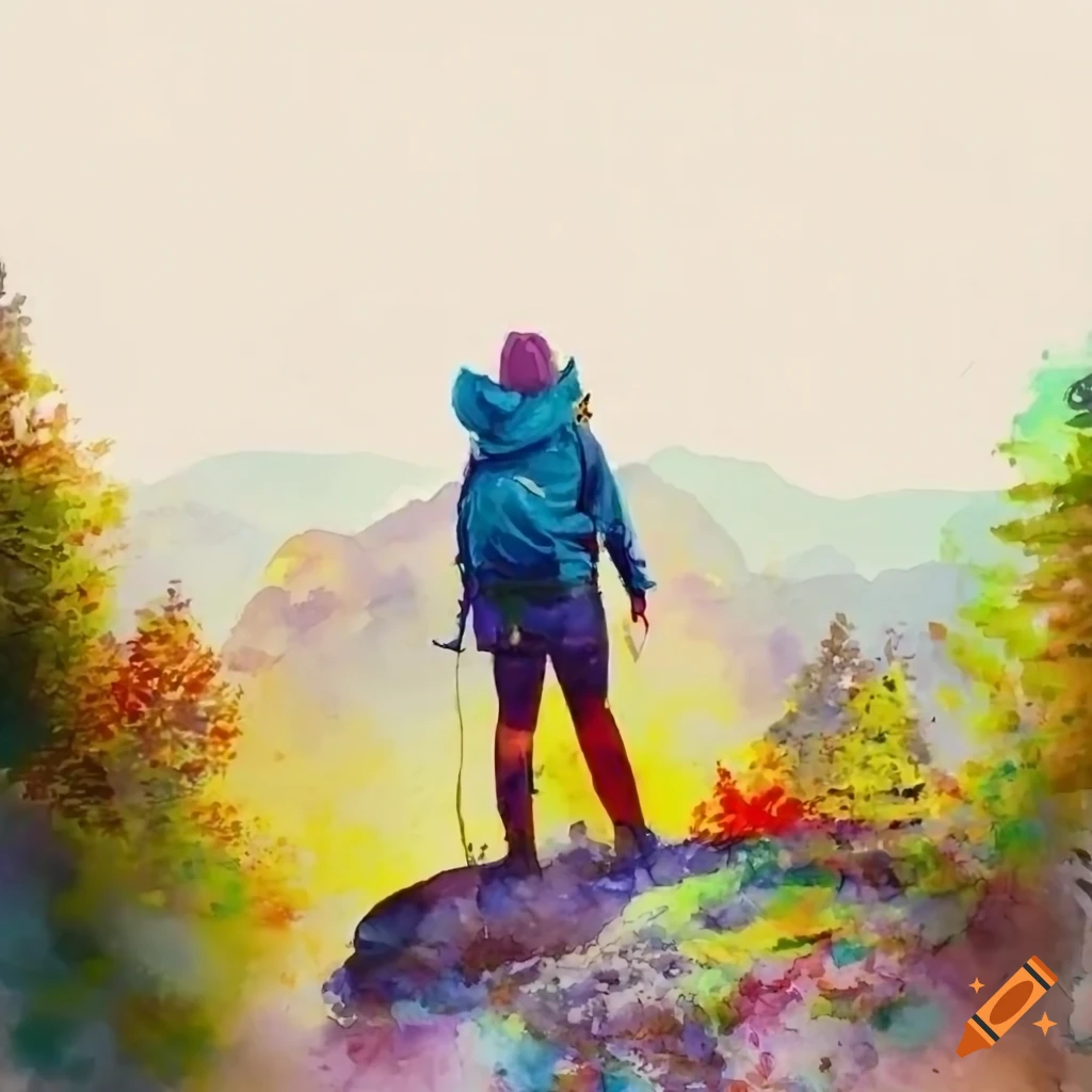 Watercolor painting of a woman hiker at mountain summit on Craiyon