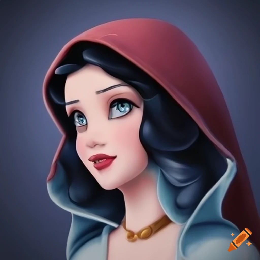 Disney's snow white with a hood and long black hair on Craiyon
