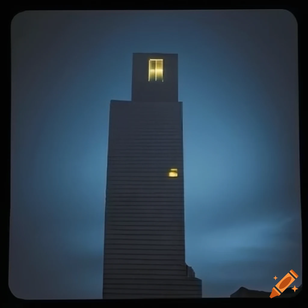 Dark and mysterious building with a single lit window on Craiyon