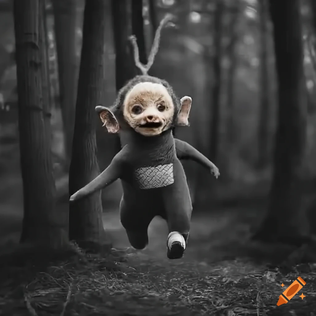 Tinky winky running in a forest on Craiyon