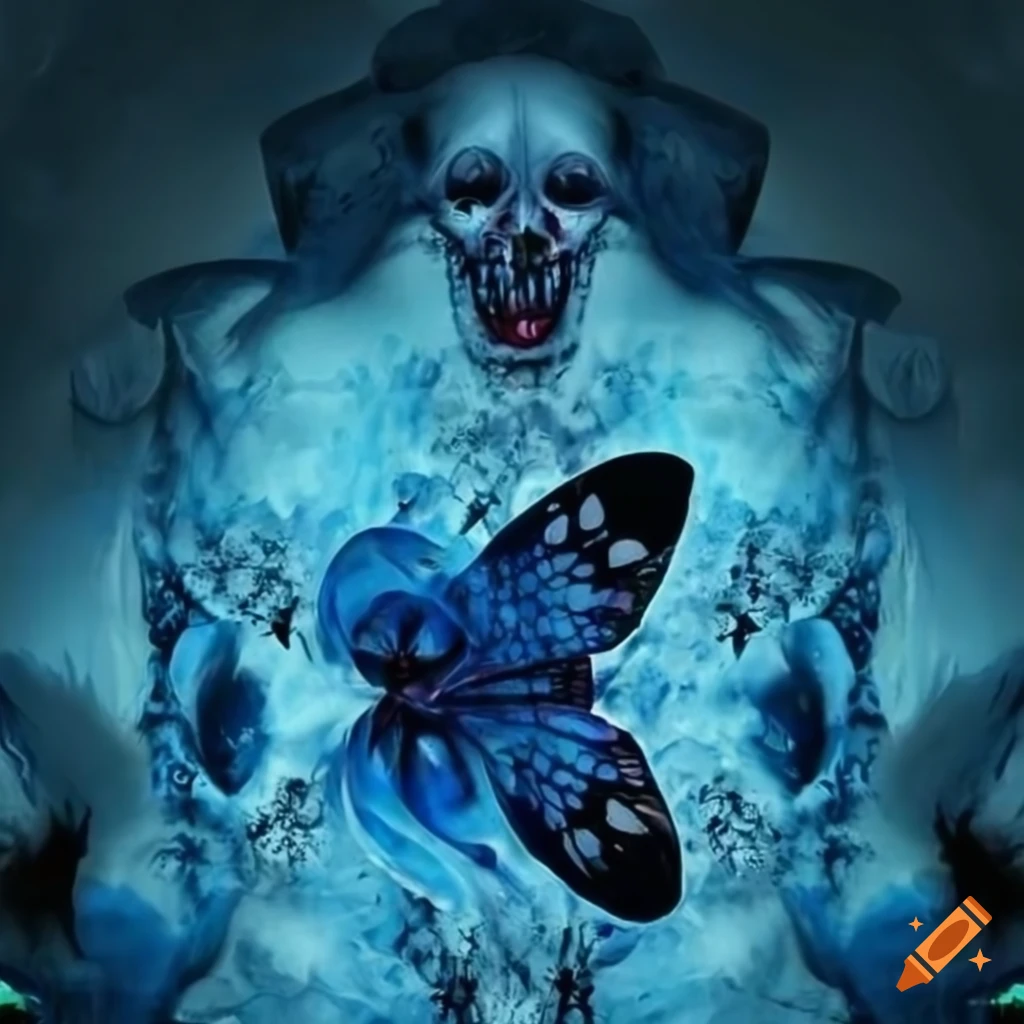 Abstract blue horror artwork with butterflies on Craiyon