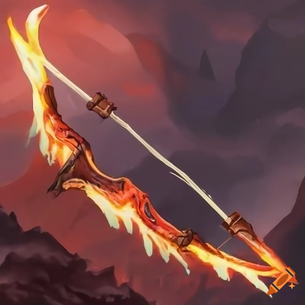 Detailed artwork of a fiery bow in a volcanic landscape on Craiyon