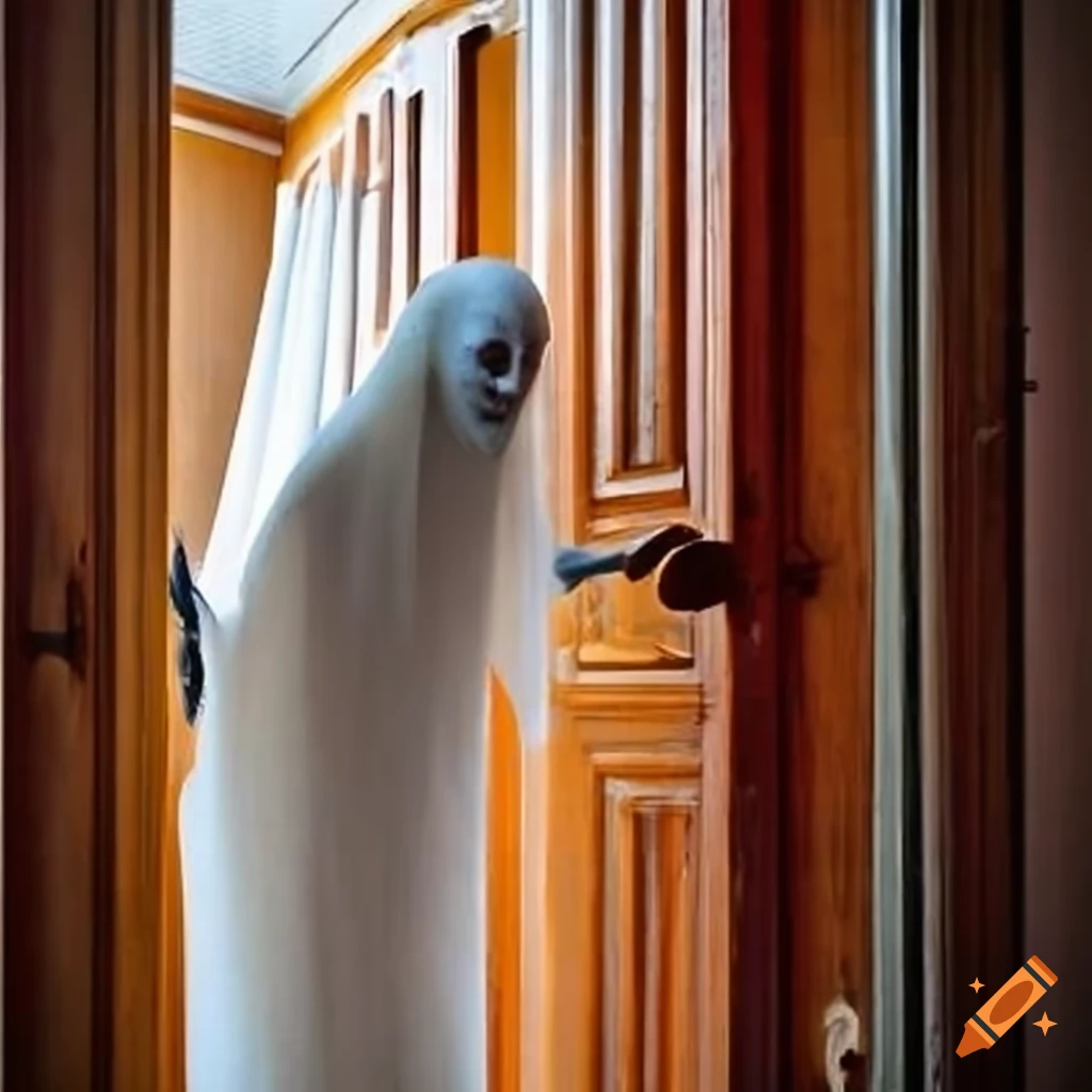 Image of a ghostly old lady at a door on Craiyon