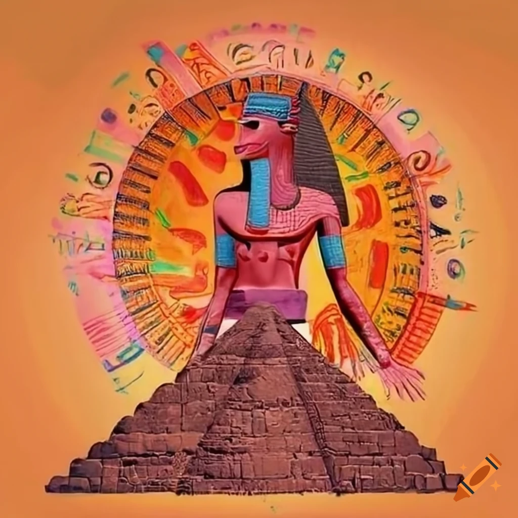 Colorful depiction of ancient egyptian pyramids and hieroglyphics on ...