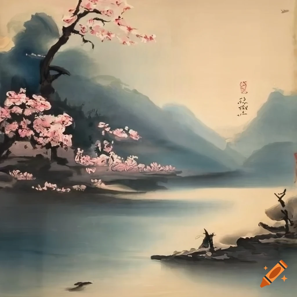 Chinese ink painting of a river with cherry blossom tree on Craiyon