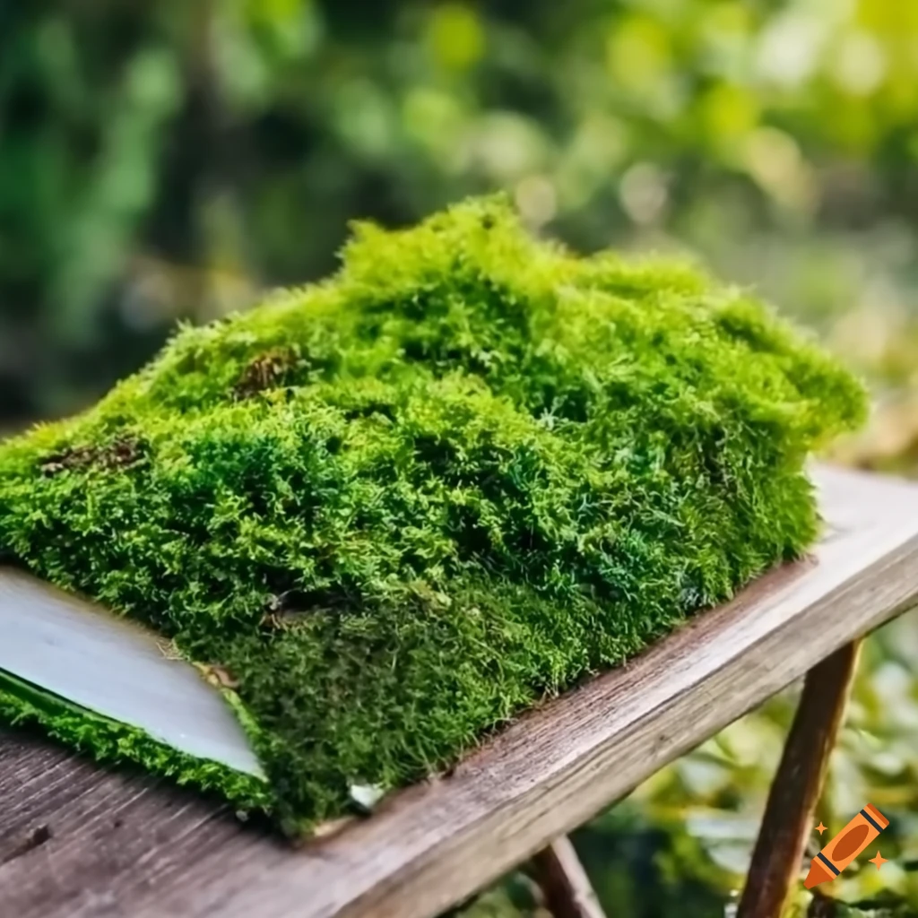 Photo of a magical book covered in moss and plants on Craiyon