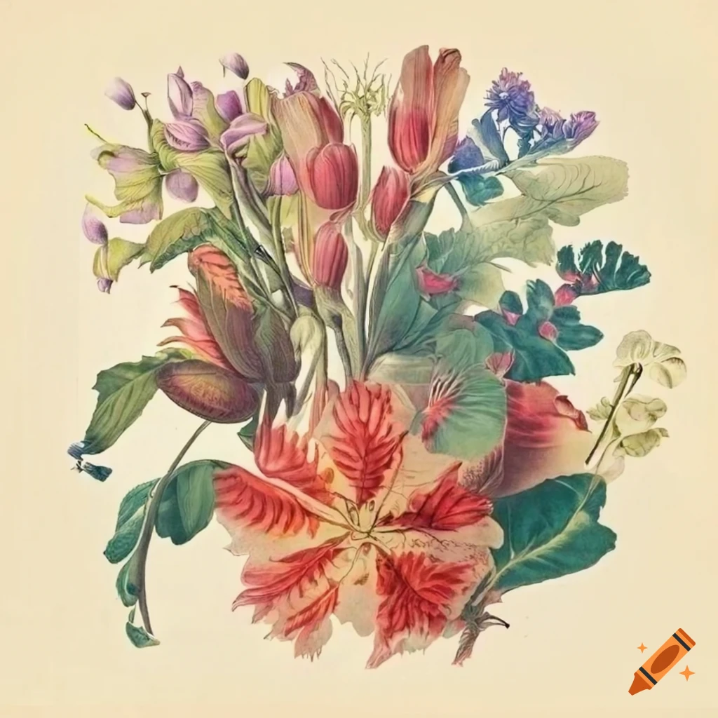 18th century vintage botanic poster with pressed plants