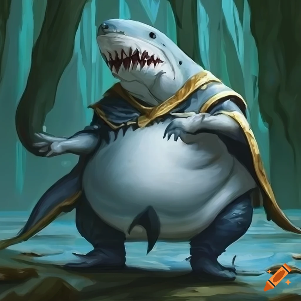 Illustration of a fat shark wizard in ornate robes on Craiyon