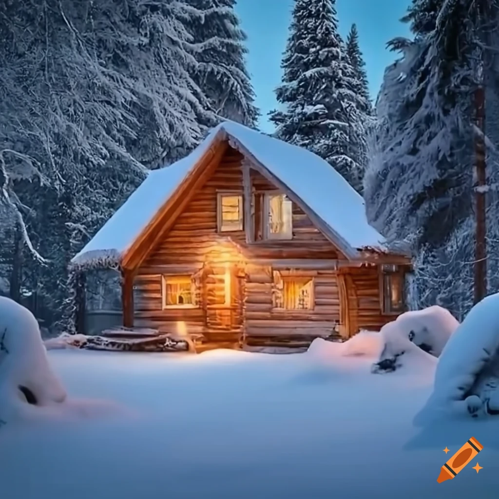 Photograph of a cozy cabin in a snowy forest on Craiyon