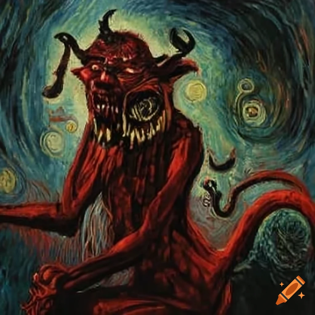 Eerie devil jester painting in Van Gogh style on Craiyon