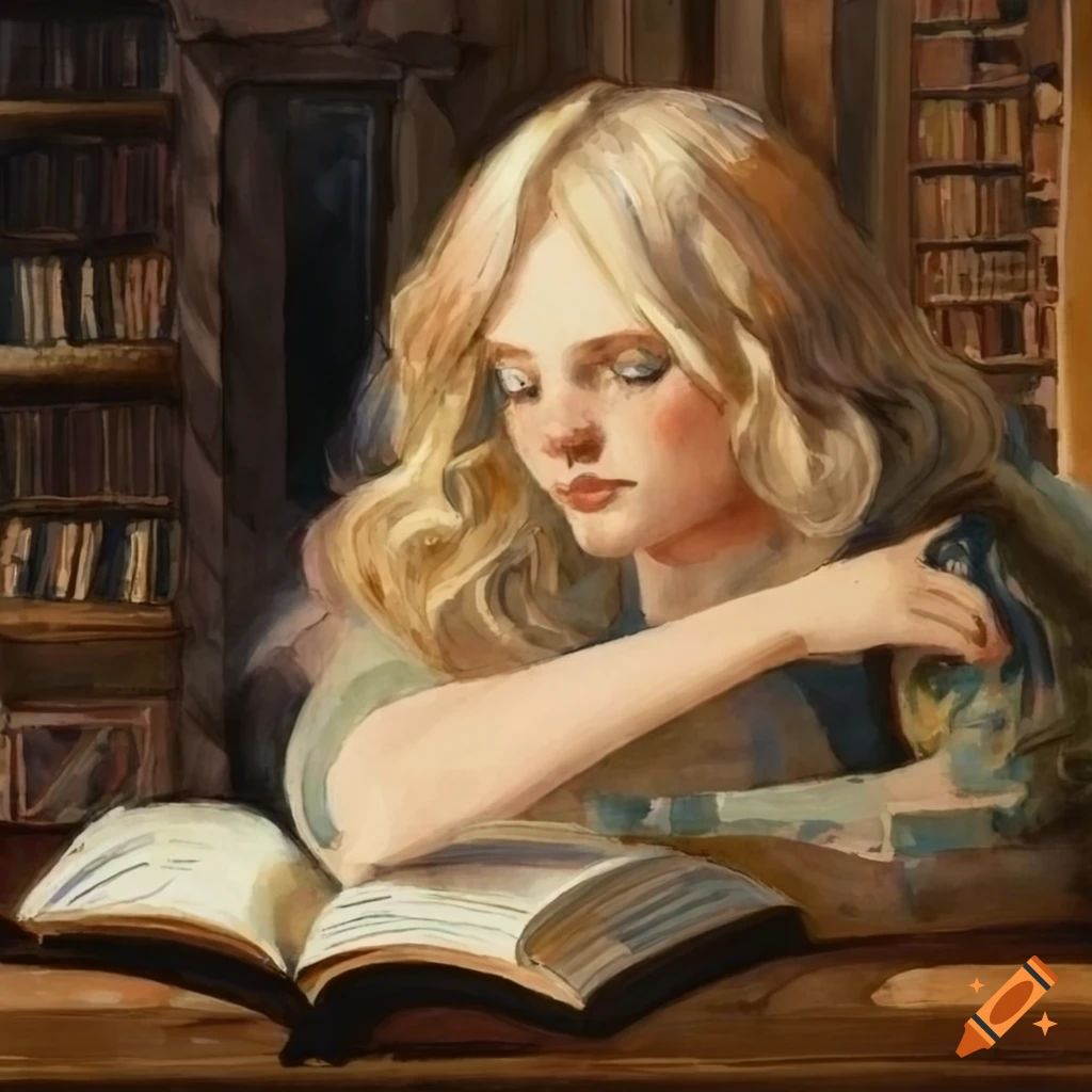 Watercolor of a woman reading in a library on Craiyon