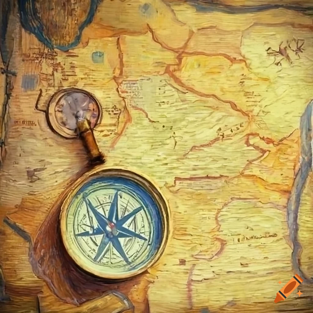 Oil painting of a medieval compass and map on a wooden table on Craiyon