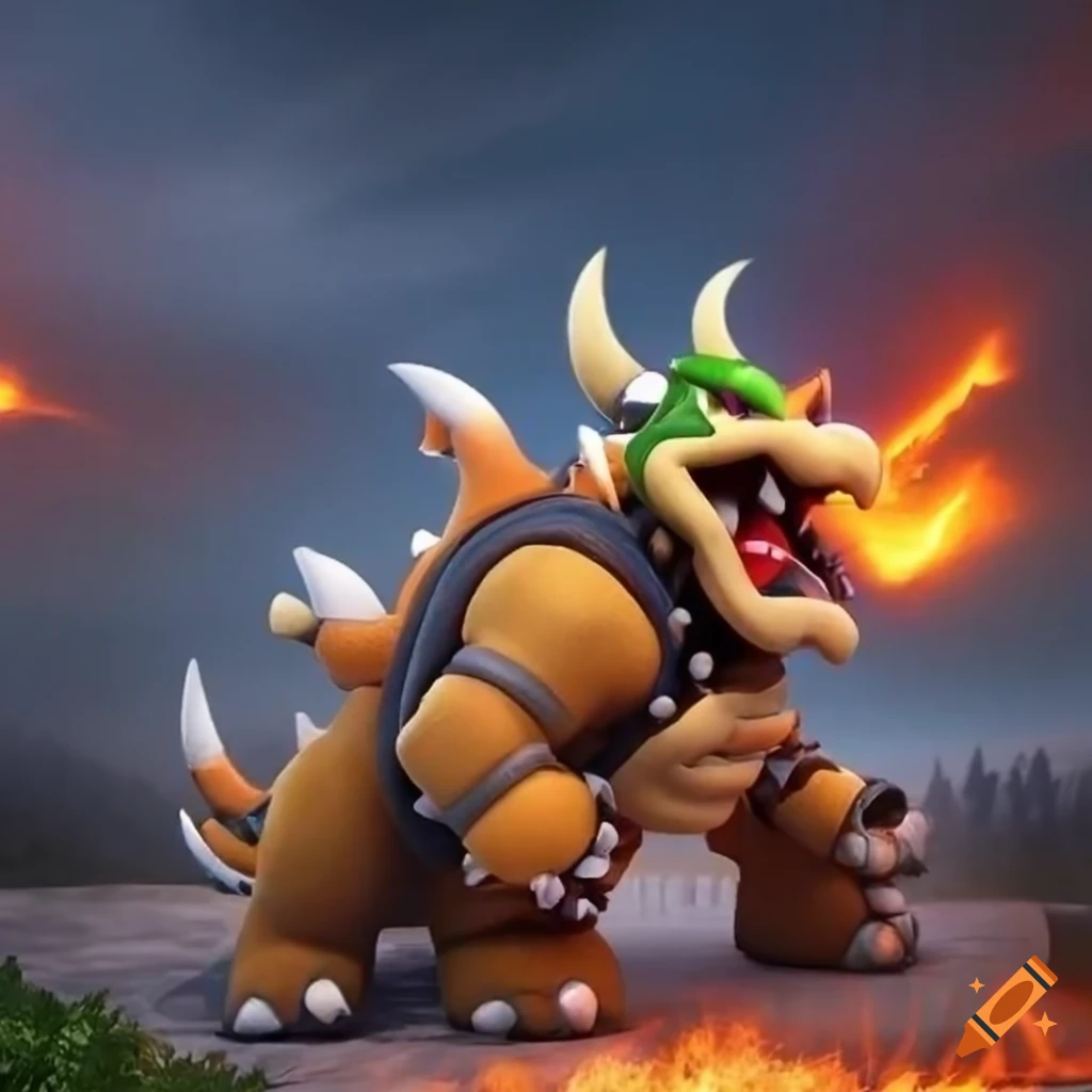 Photorealistic depiction of Bowser surrounded by flames in a castle on ...