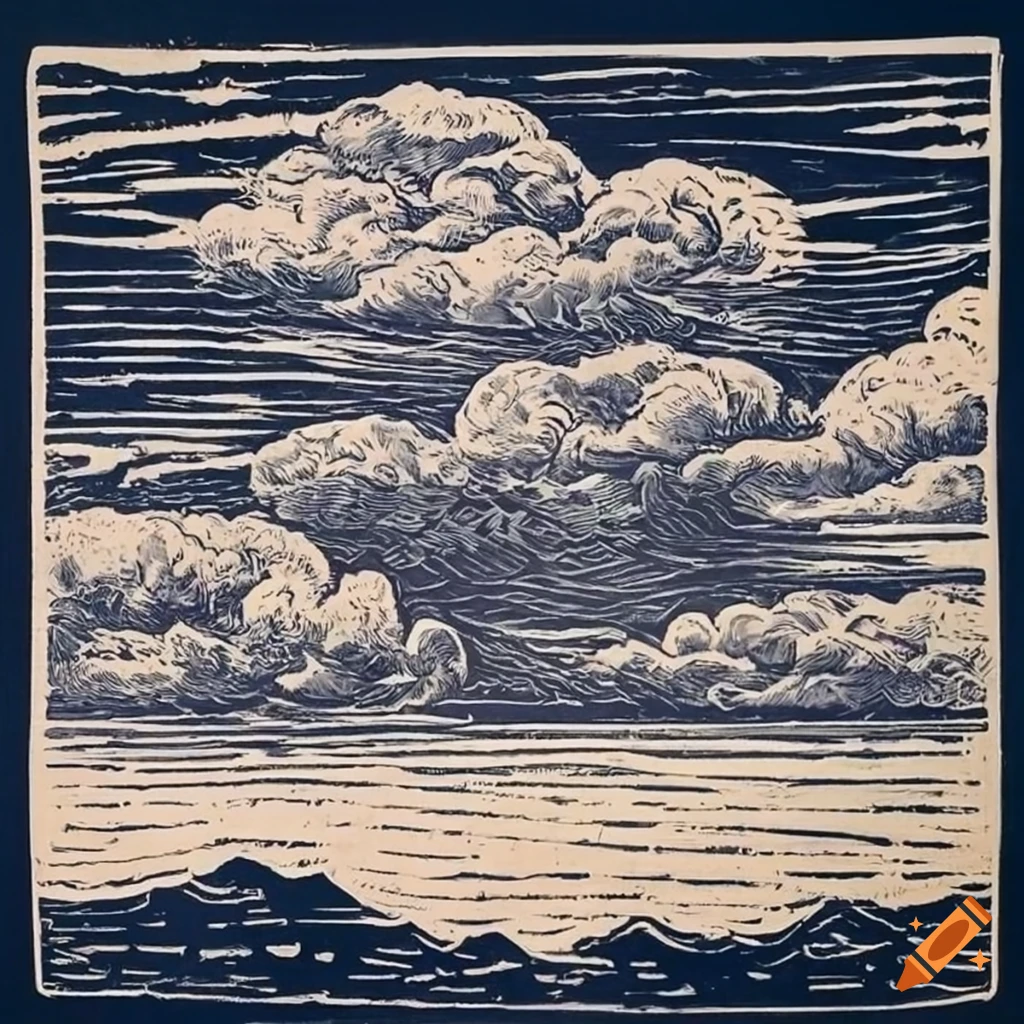 Monochrome linocut engraving of sky and clouds on Craiyon