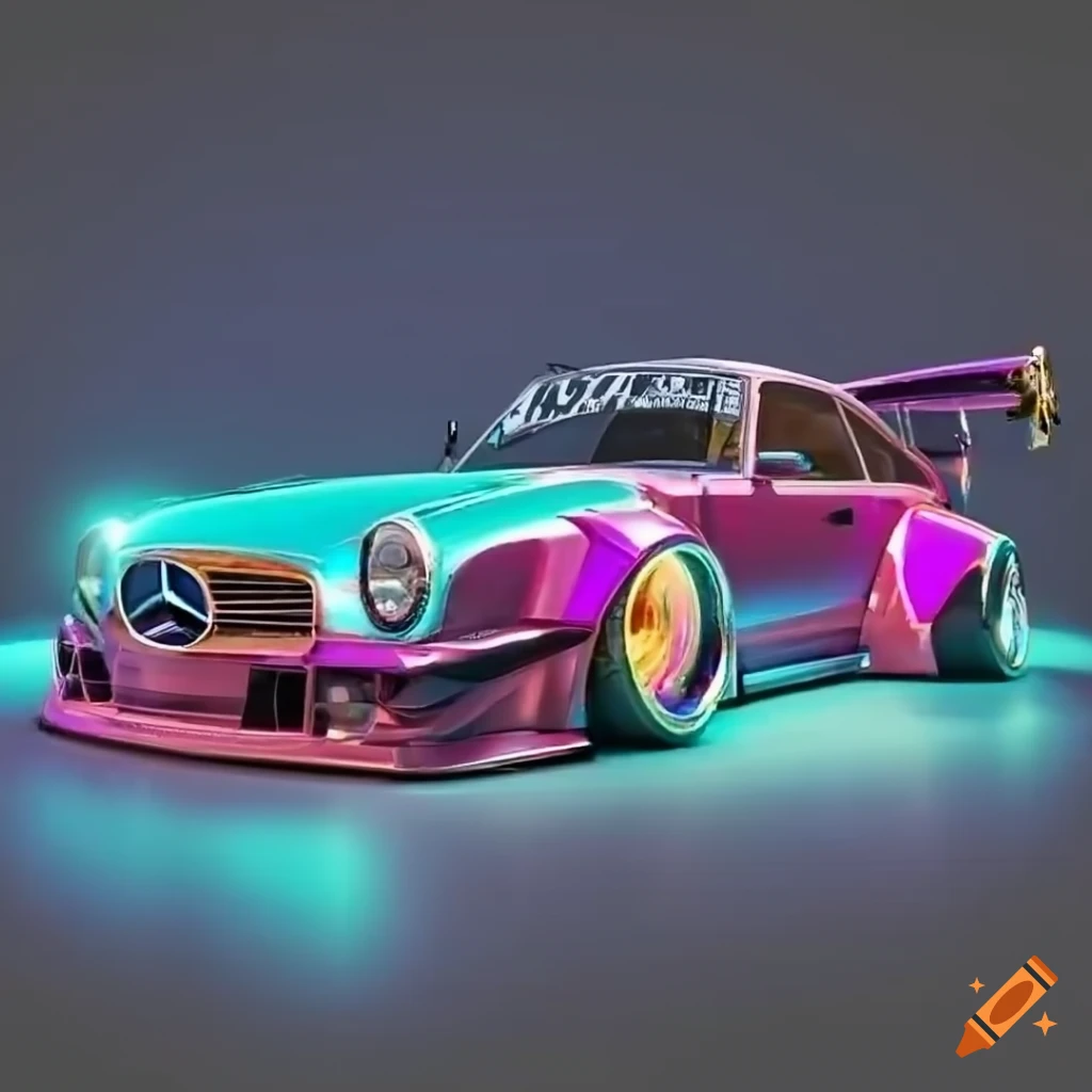Render of a modified vintage mercedes gulwing in neon rainbow chrome on ...