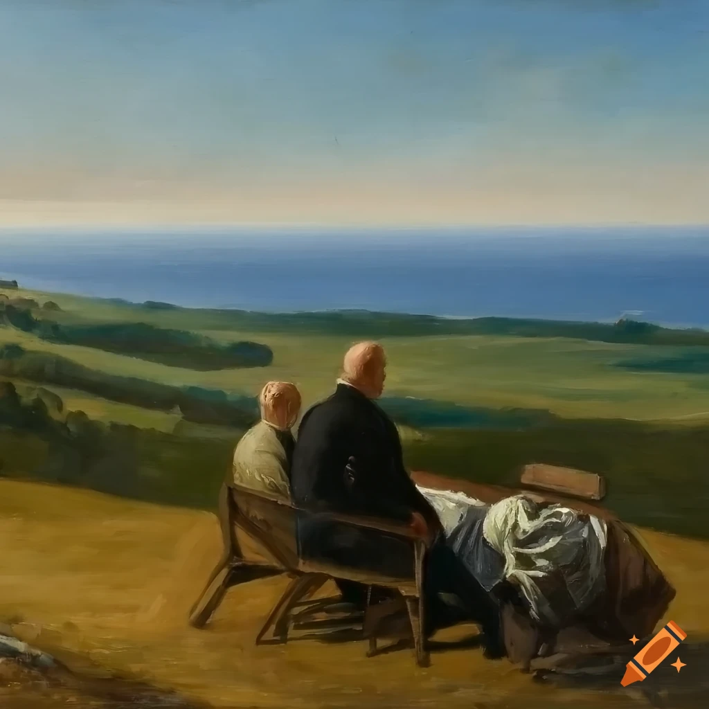 Oil painting of two bald men having a picnic on a hill on Craiyon
