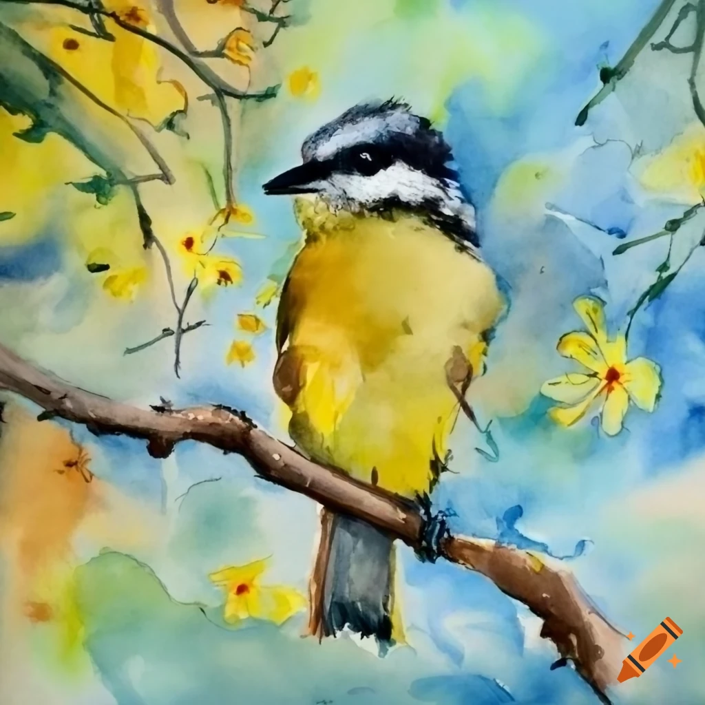 Aquarel painting of great kiskadee bird with yellow flowers in a tree ...