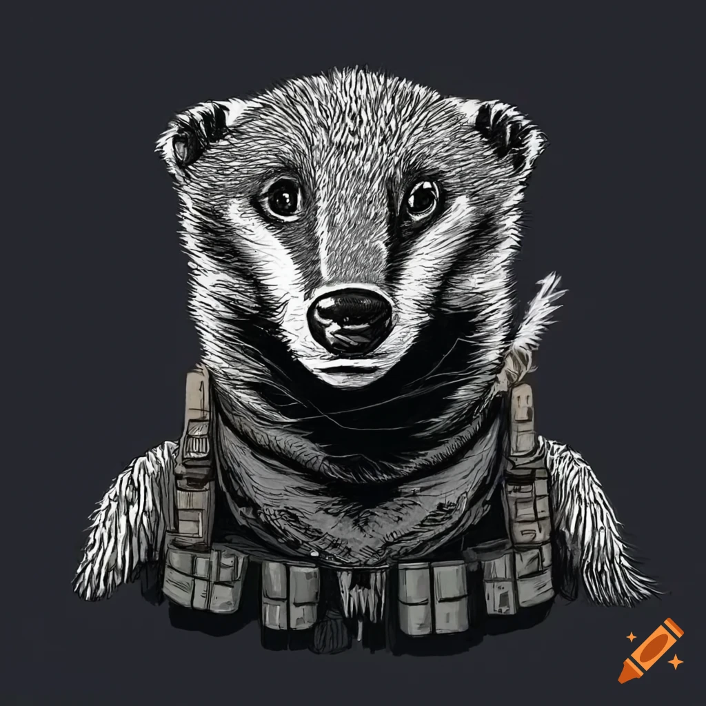 Detailed pencil drawing of a badger in military gear on Craiyon