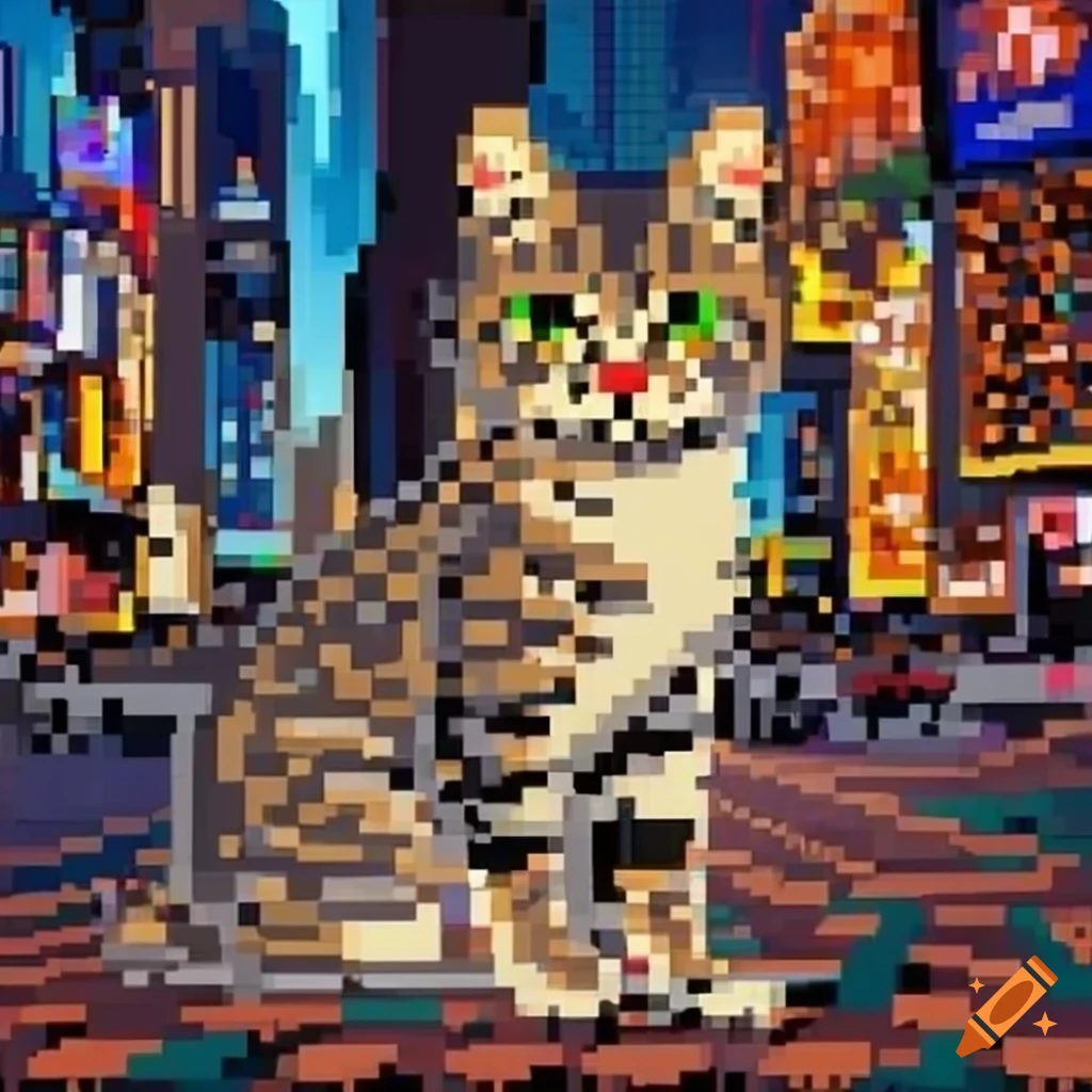 Pixel art of a tabby cat in Times Square on Craiyon