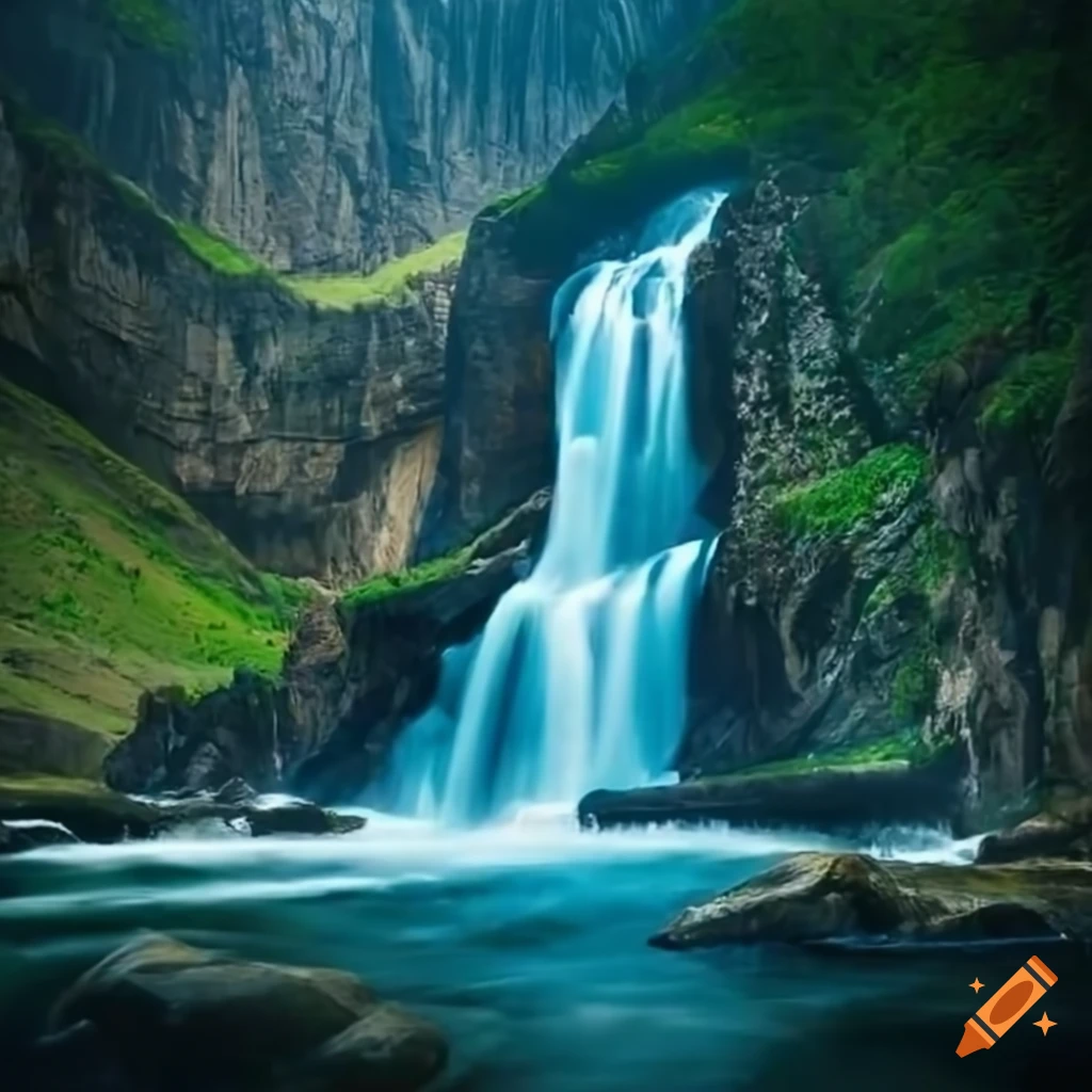 Cliffside with a glistening waterfall and river on Craiyon