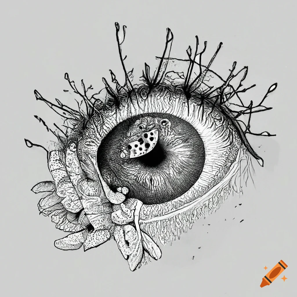 Detailed pen drawing of an eyeball and flower on Craiyon