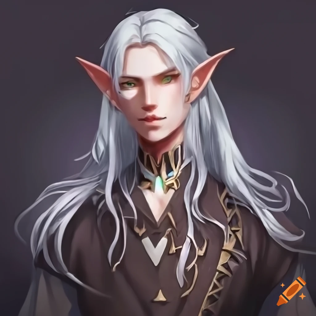 Anime male elf with white hair and multicoloured eyes on Craiyon