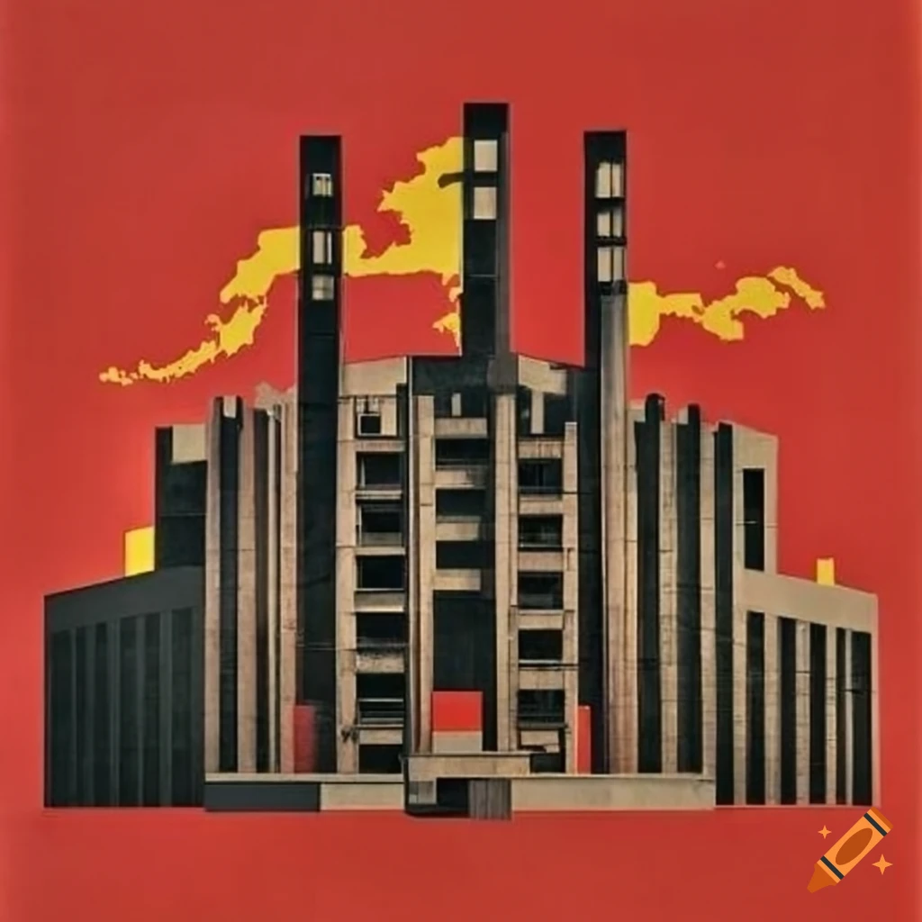Soviet propaganda poster with brutalist architecture on Craiyon