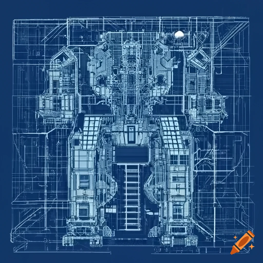 Detailed blueprint of a futuristic mechanical construction on Craiyon