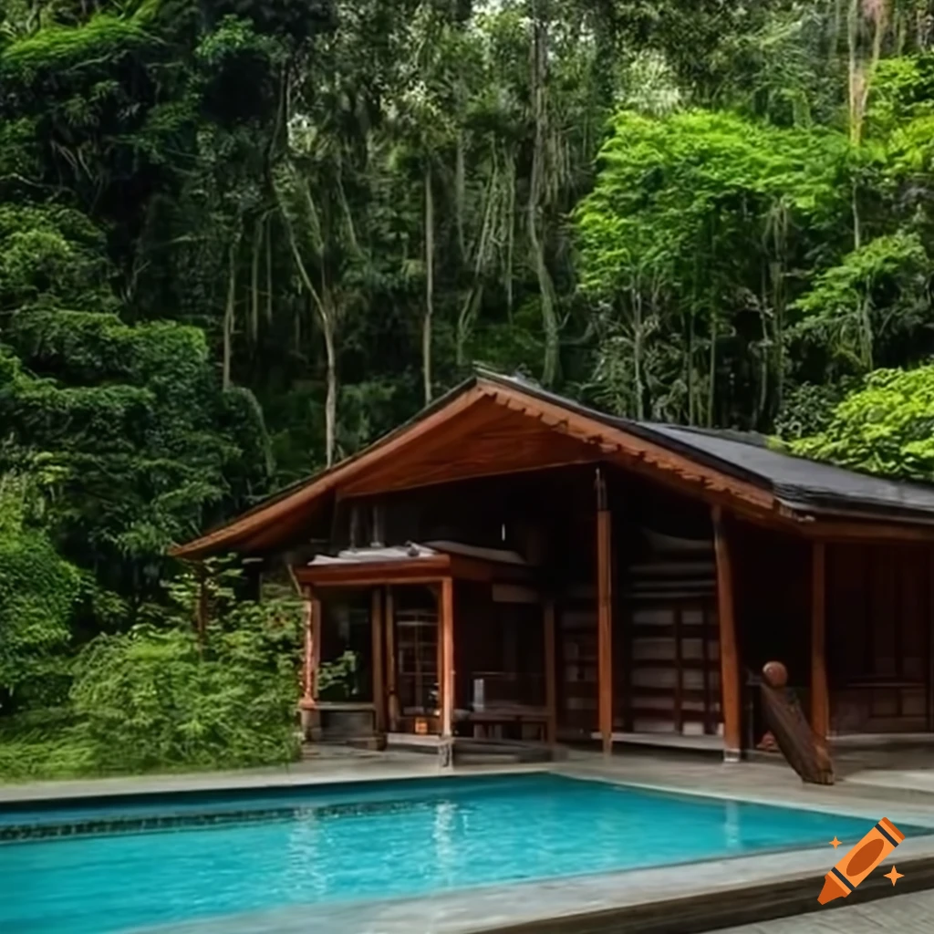 Luxury futuristic wooden cabin with pool and veranda on Craiyon