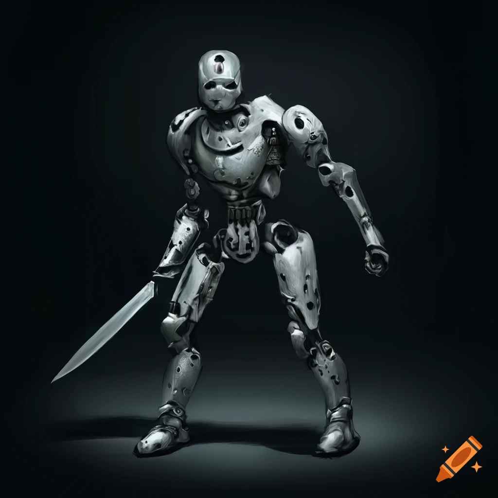 Grey fantasy robot with a sword on Craiyon