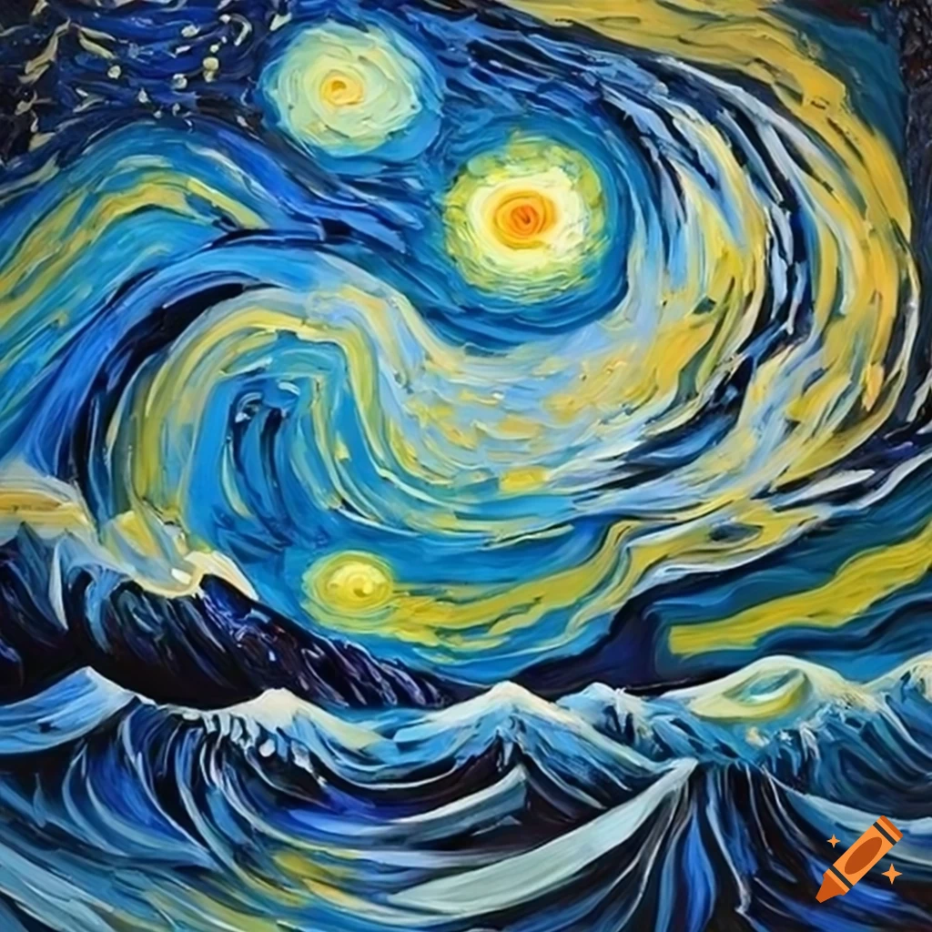 Oil painting of a wave resembling starry night