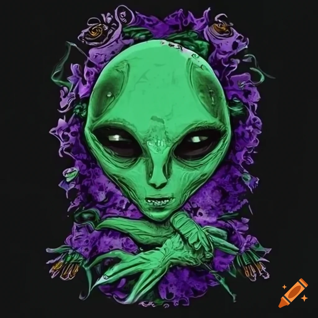 Alien smoking with a marijuana-themed shirt on Craiyon