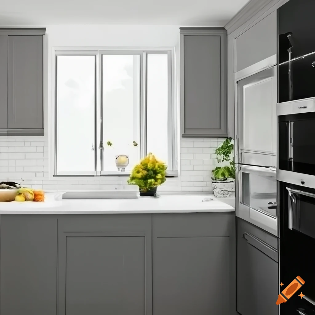 Kitchen with gray gloss cabinets and wide window on Craiyon