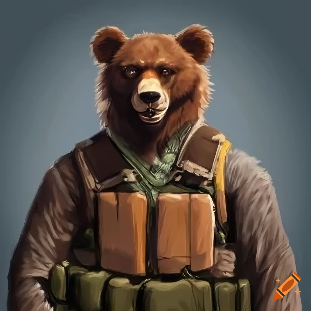 Oil painting of a strong male anthro bear in tactical officer costume on Craiyon