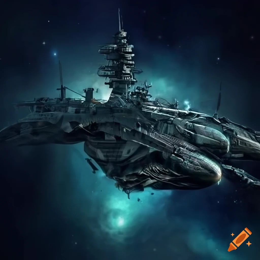 Digital art of an alien warship in cosmic battle on Craiyon