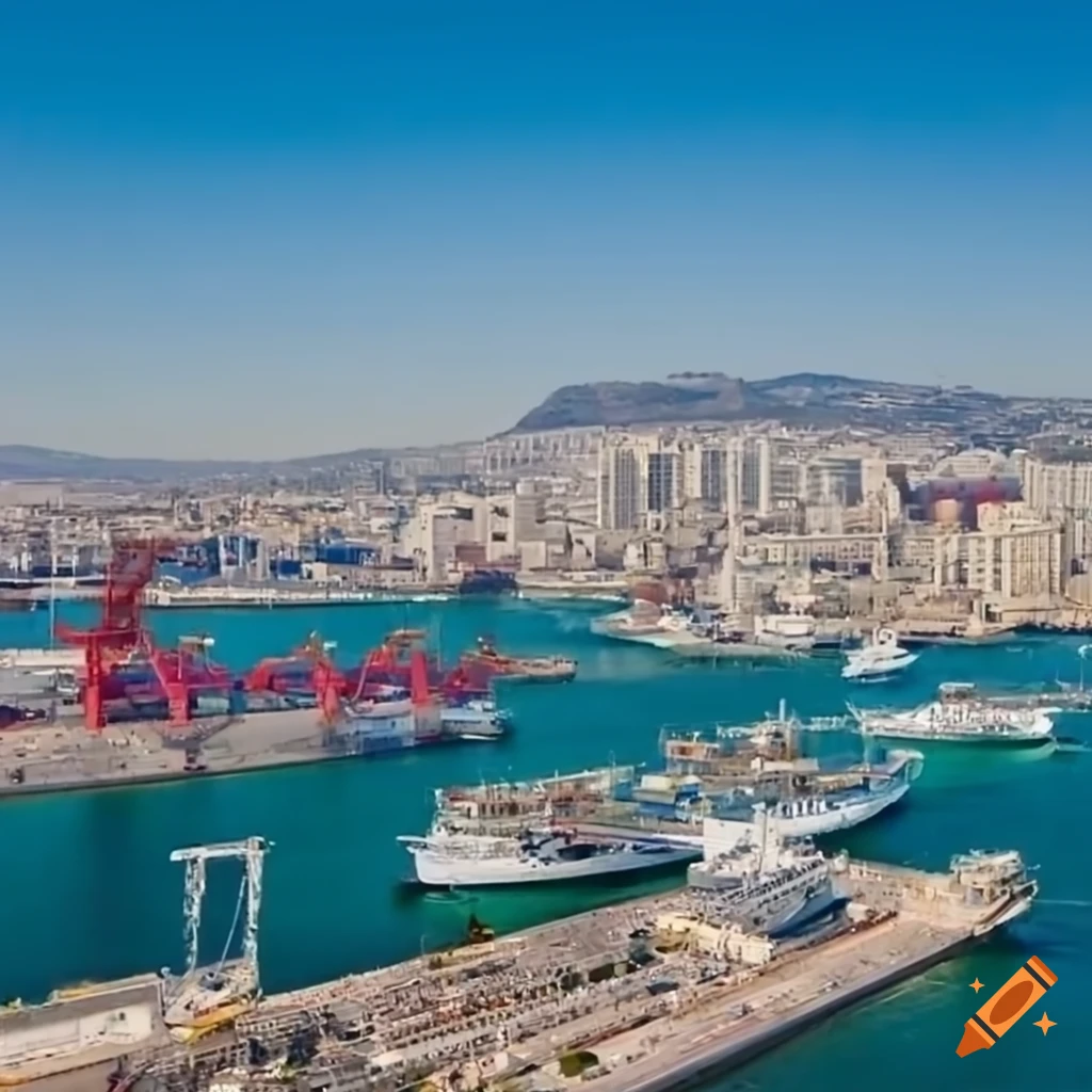 Aerial view of Piraeus port with commercial ships on Craiyon